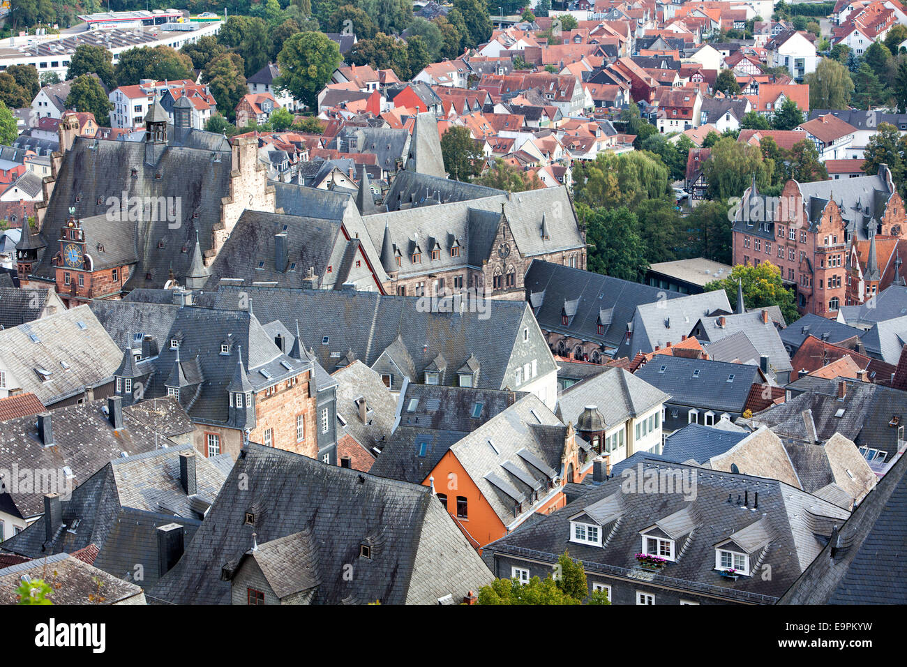 Overlooking the roofs of the historic centre, Marburg, Hesse, Germany ...