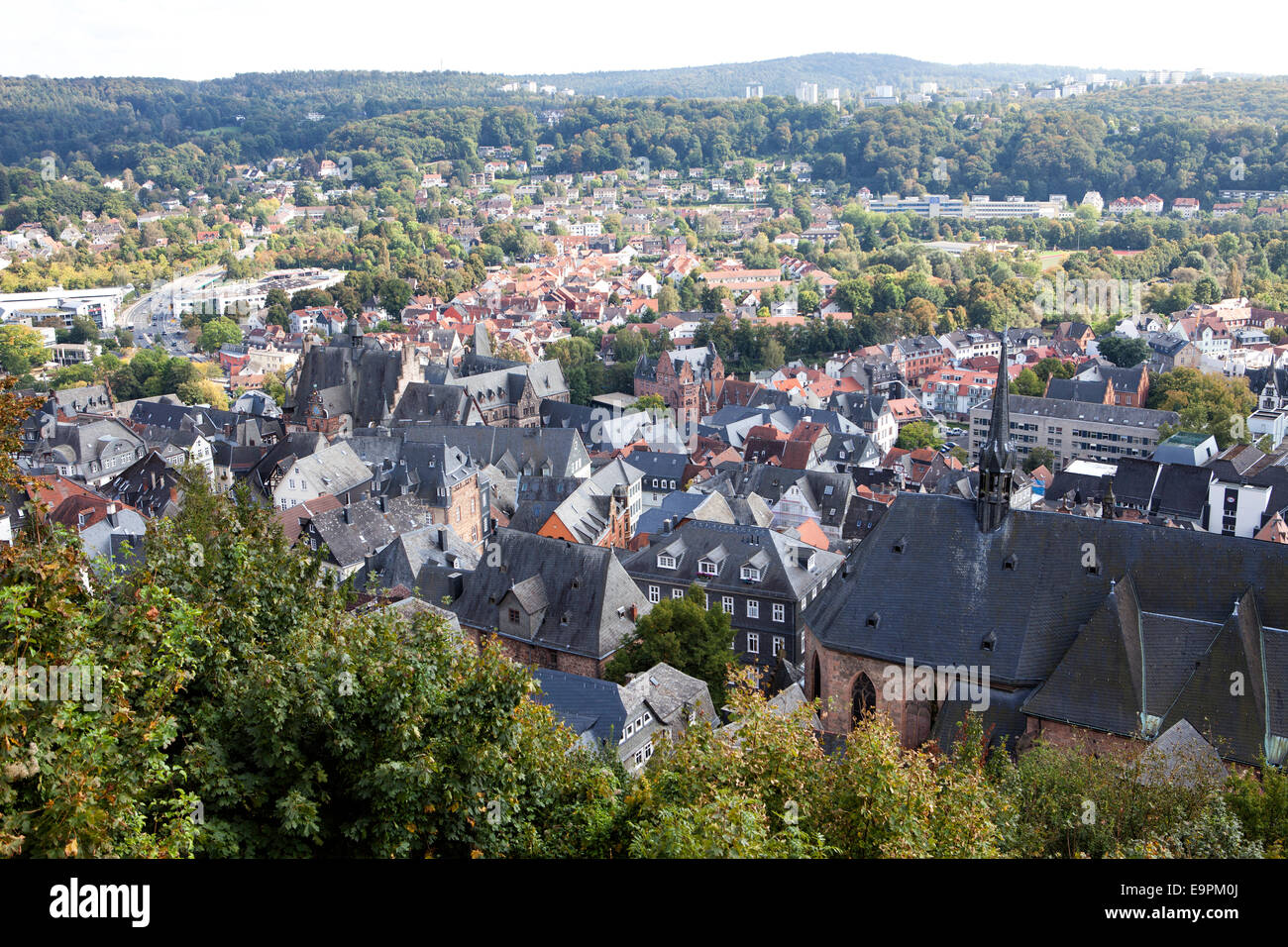 Overlooking the roofs of the historic centre, Marburg, Hesse, Germany ...