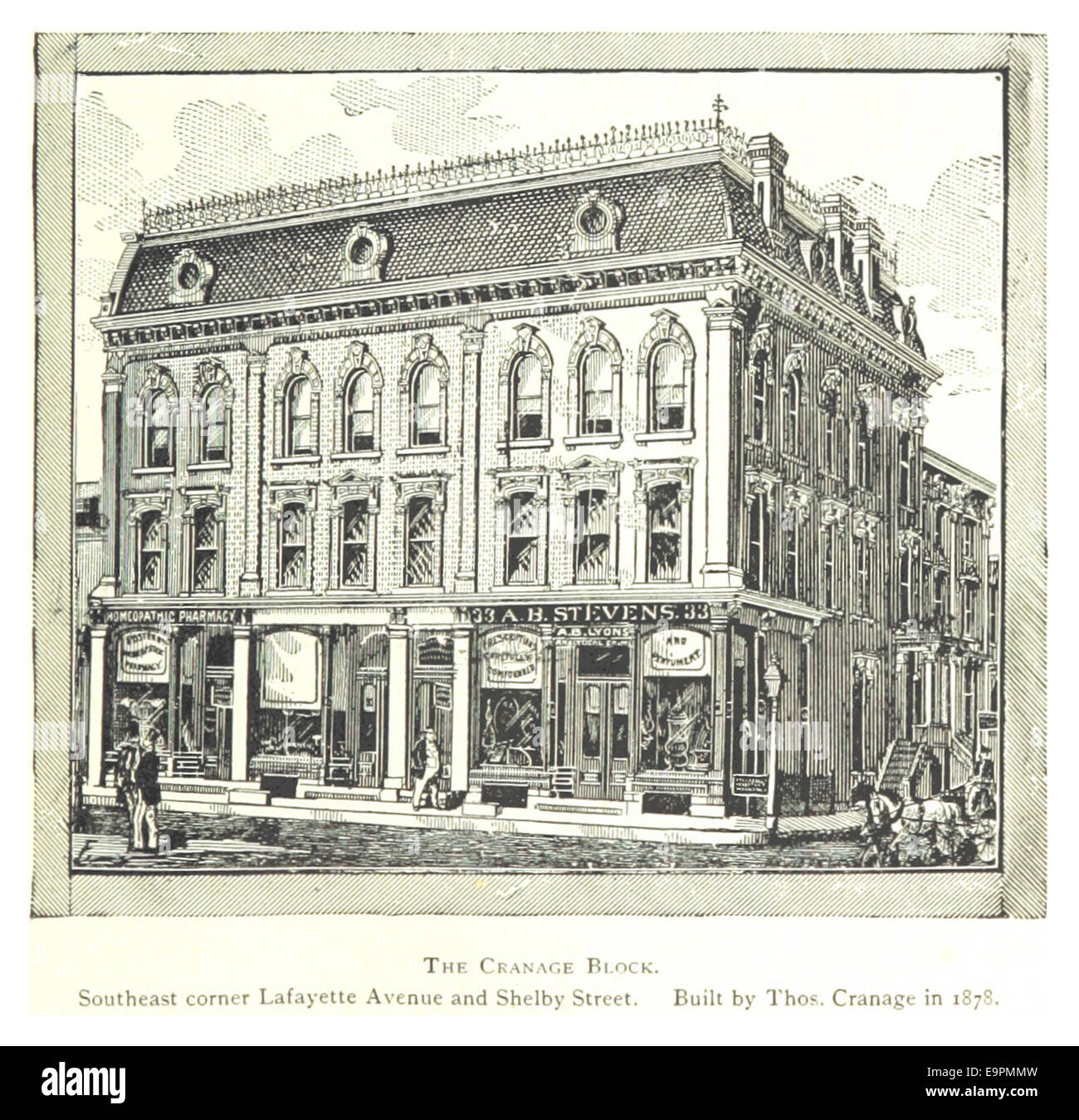 An 1884 illustration of the Cranage Block in Detroit, a commercial ...