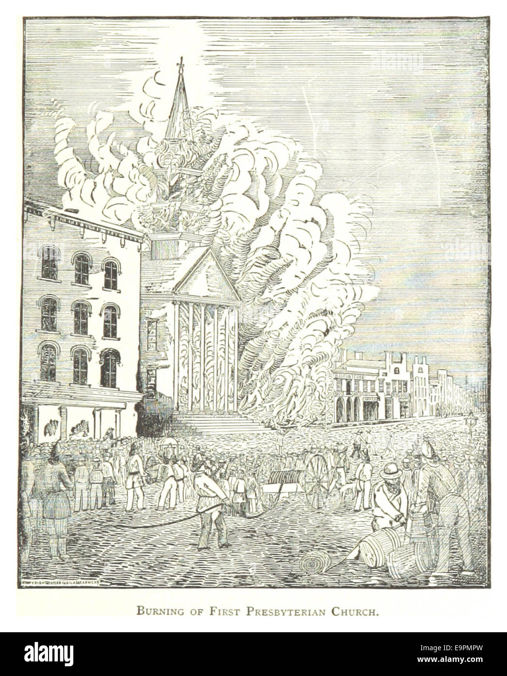 This 1884 illustration from Farmer depicts the burning of the First ...