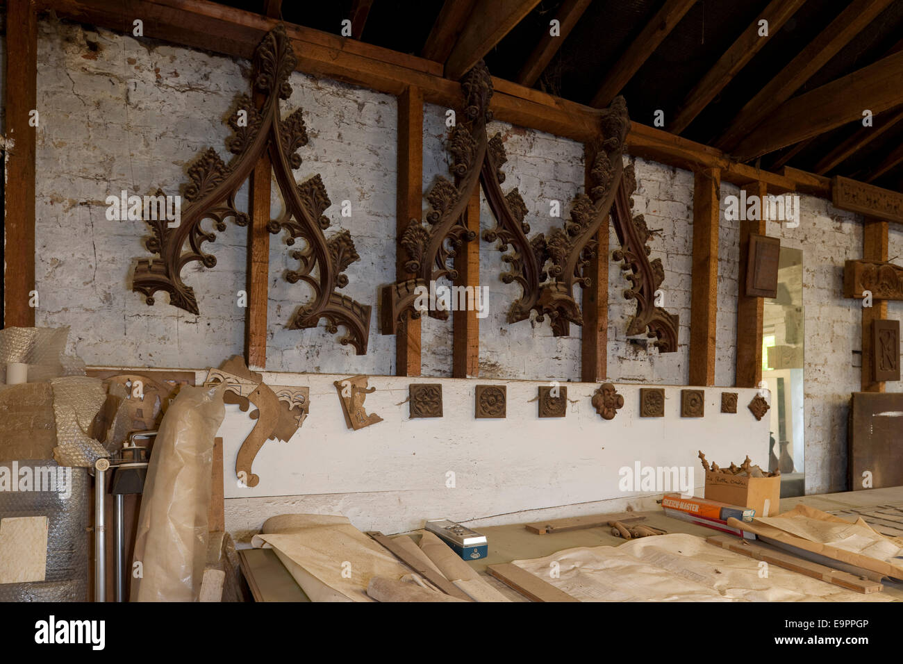 Various crafted wooden objects in workshop inside woodworking and ...