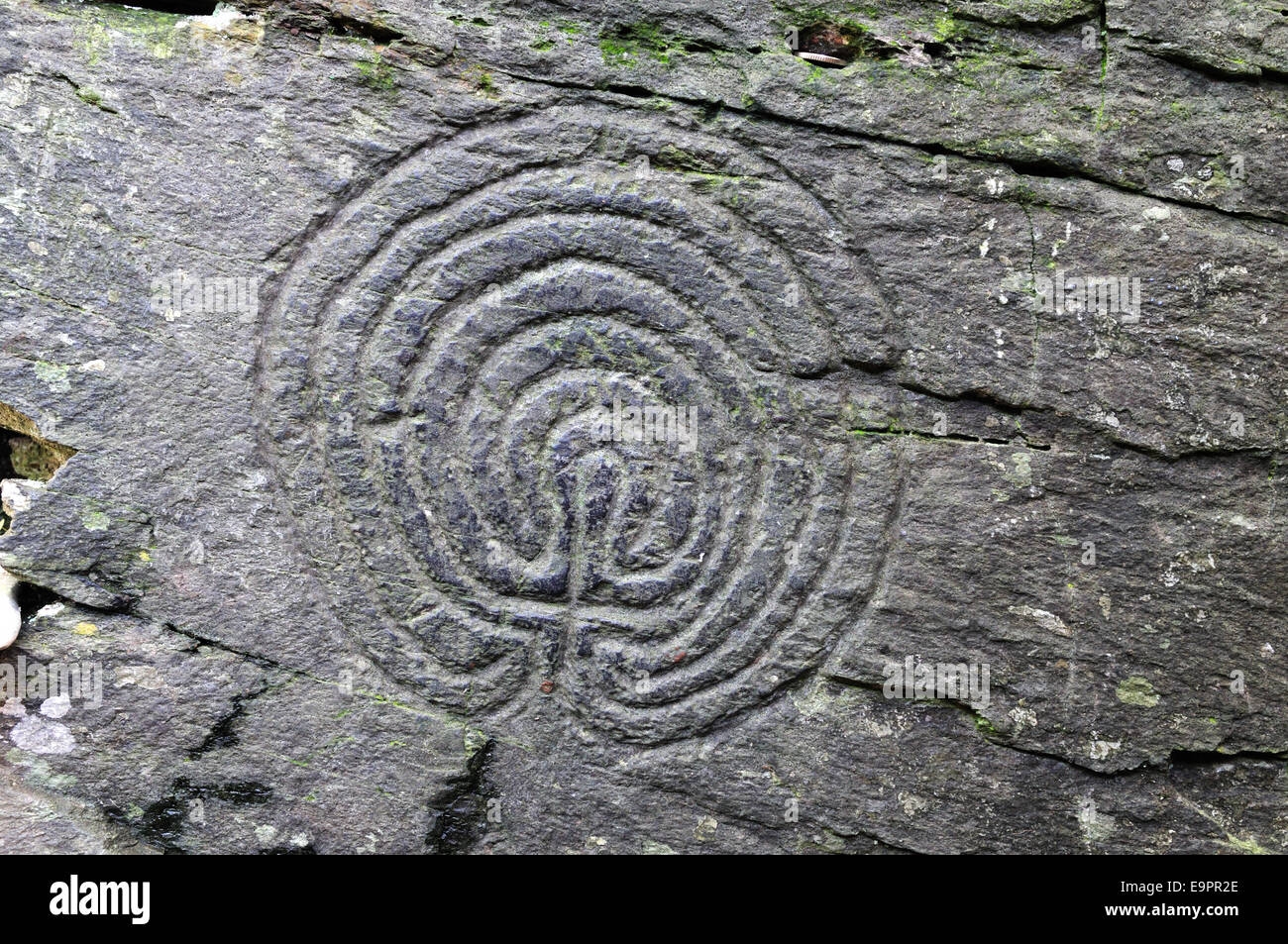 Labyrinth carved on a rock Rocky Valley Bossiney Tintagel Cornwall ...