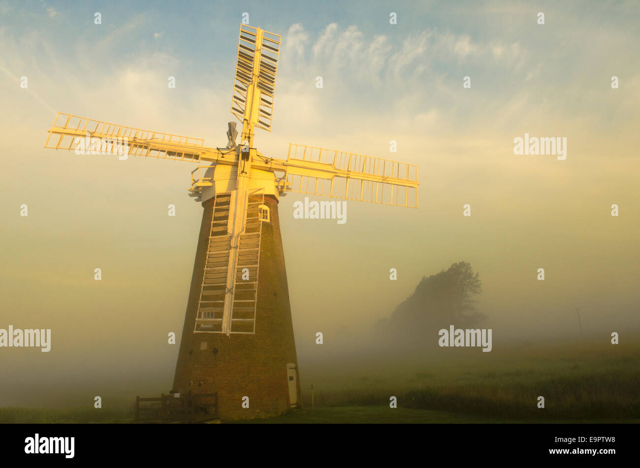 Hardley Drainage Mill, River Yare, Norfolk Broads, June. Dawn mist ...