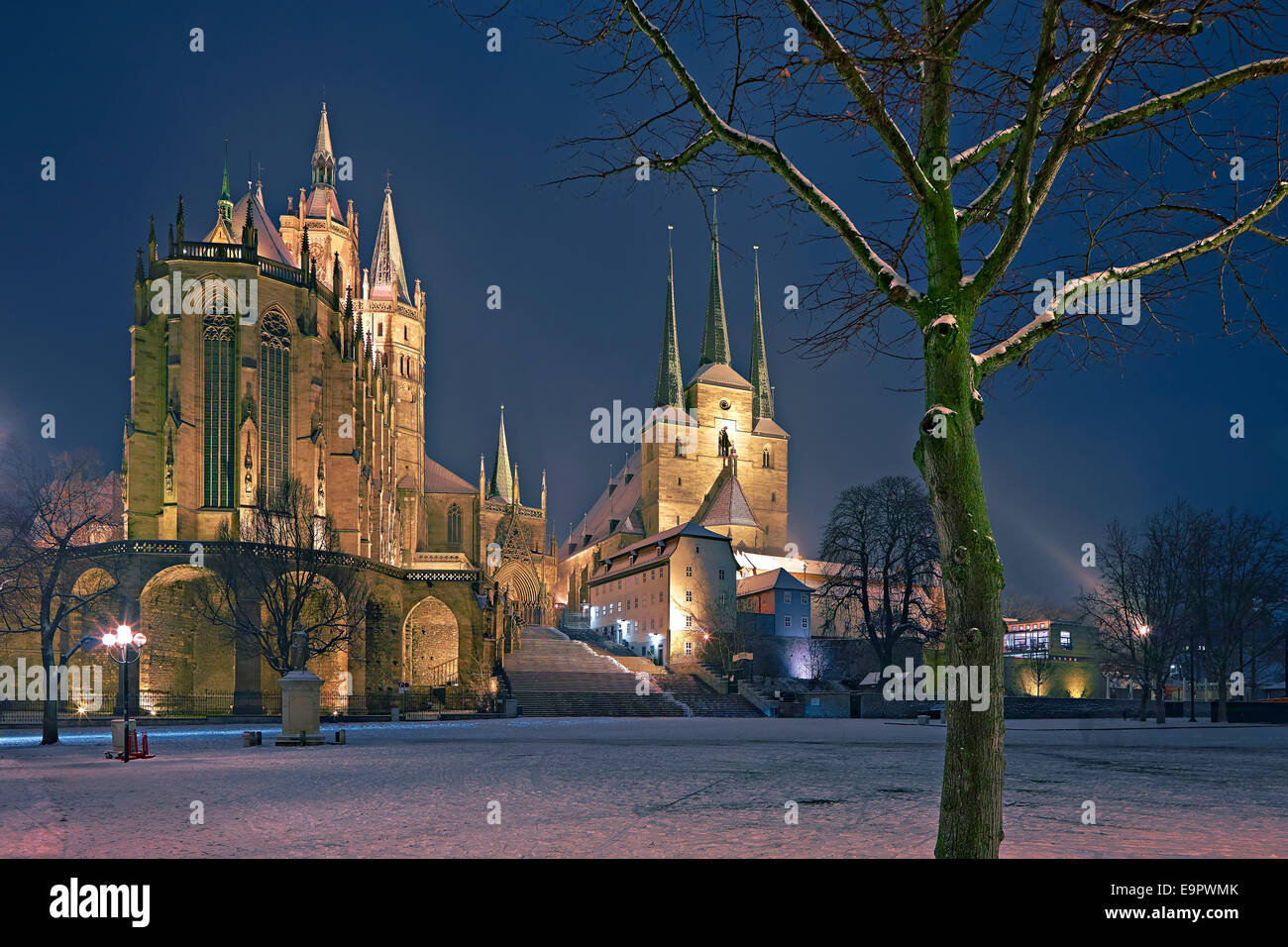 Domplatz square with St. Mary's Cathedral and St. Severus Church ...