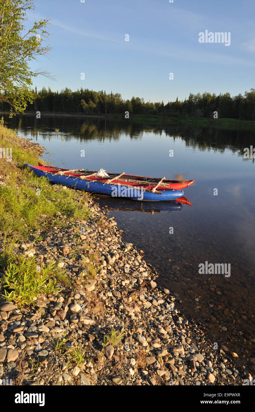 North of the Ural river in the evening light. Evening river landscape ...