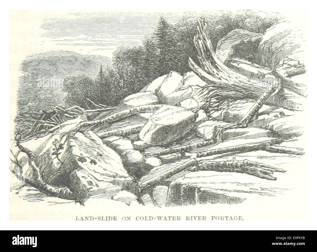 Illustration from HIND (1863) depicting a landslide at Cold-Water River ...