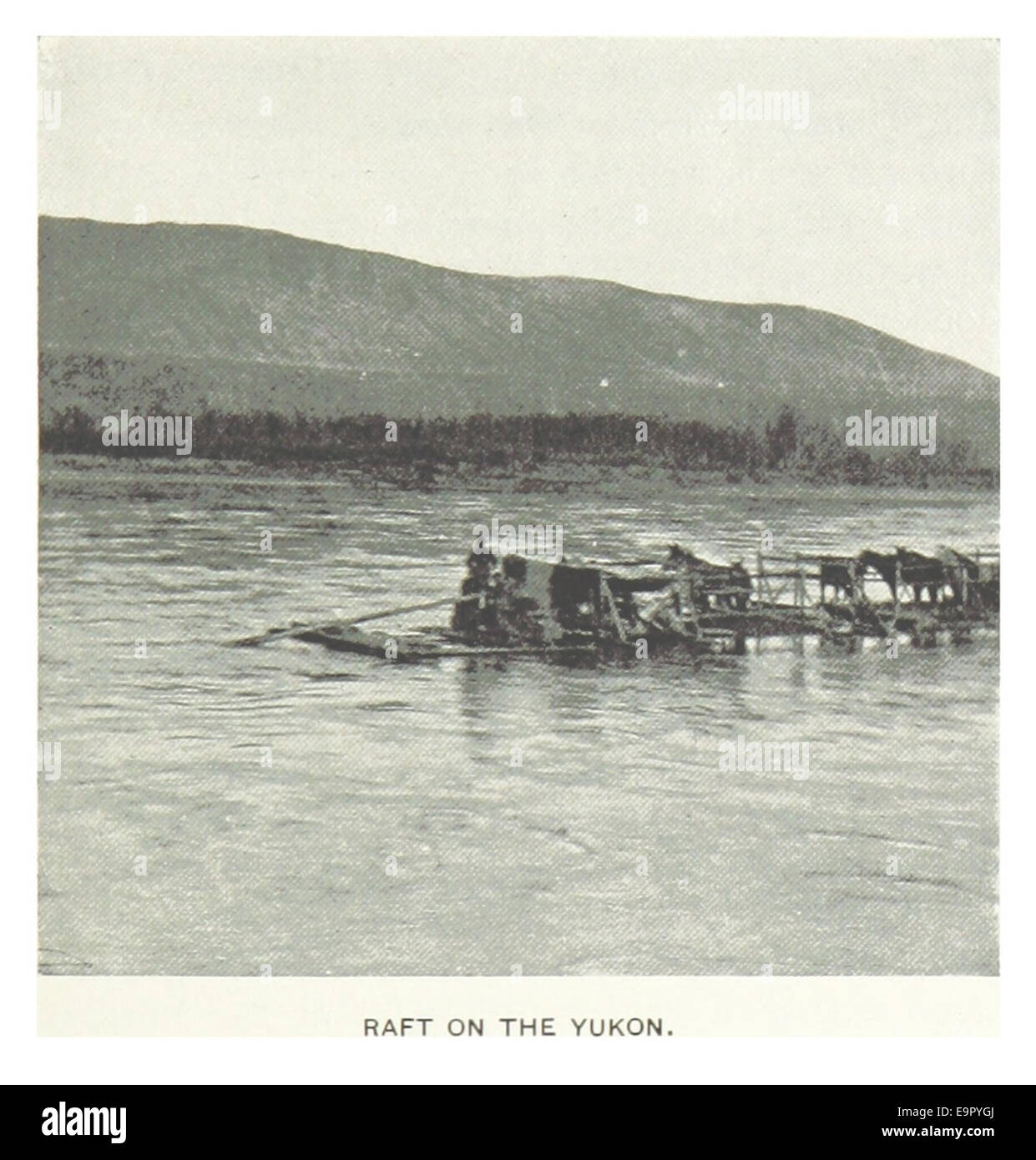 This 1899 illustration by Hitchcock depicts a raft on the Yukon River ...