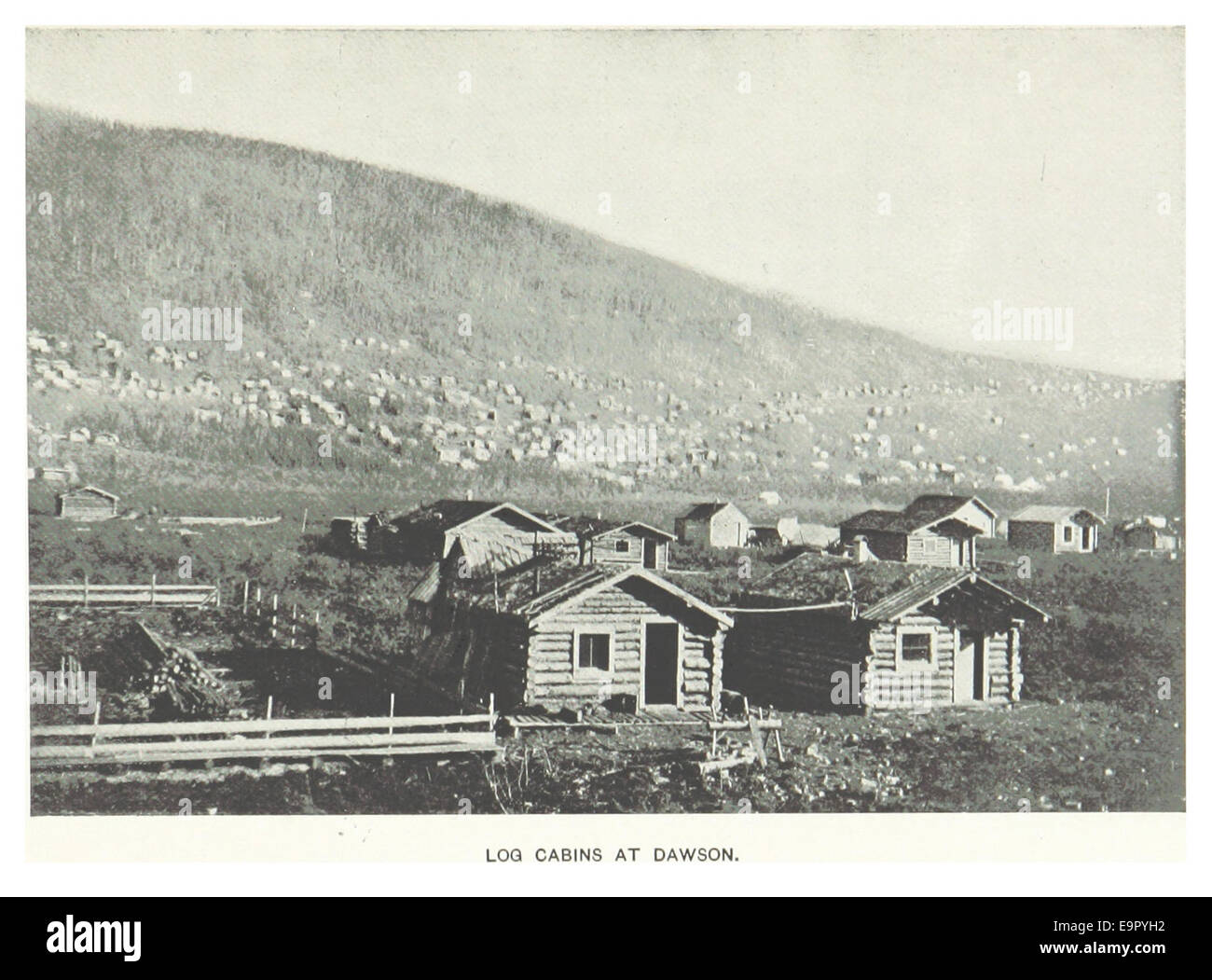 This 1899 illustration by Hitchcock depicts log cabins in Dawson ...