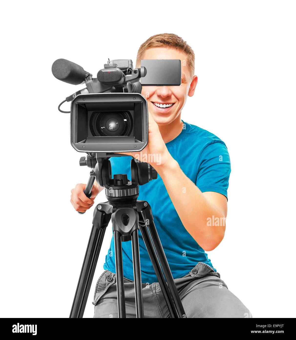 Video camera operator smile and working with his professional equipment ...