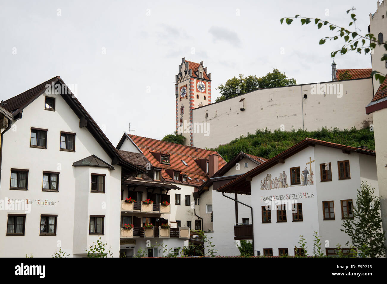 View on Fussen with old houses and St. Mang Basilica tower,, Bavaria ...