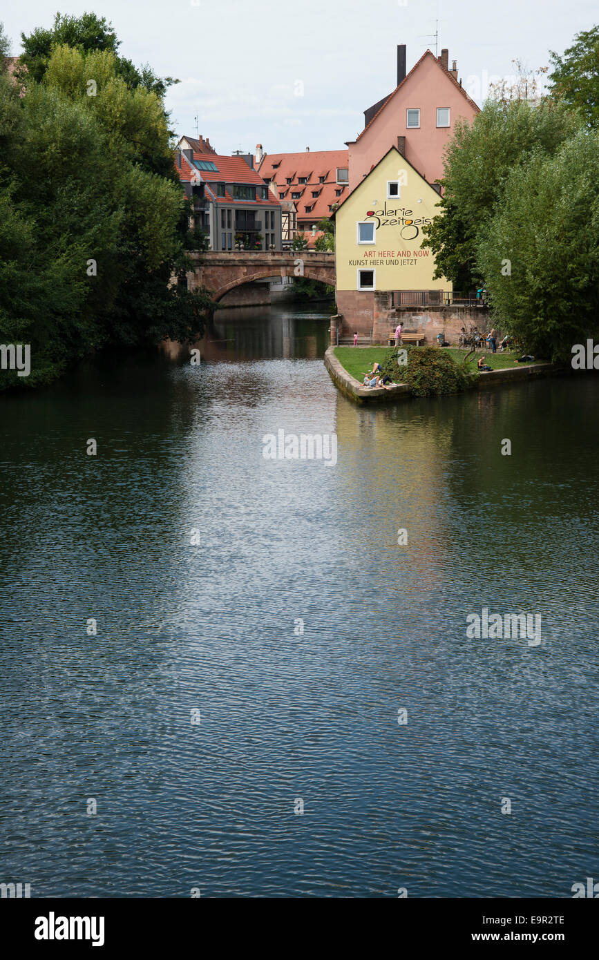 Beautiful view of the Pegnitz river from medieval bridge , Nuremberg ...