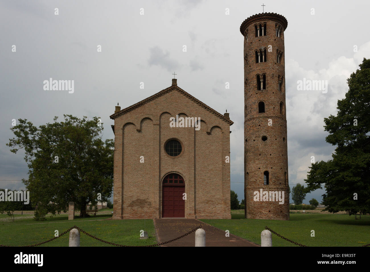 Medieval countryside church of Campanile with romanesque cylindrical ...