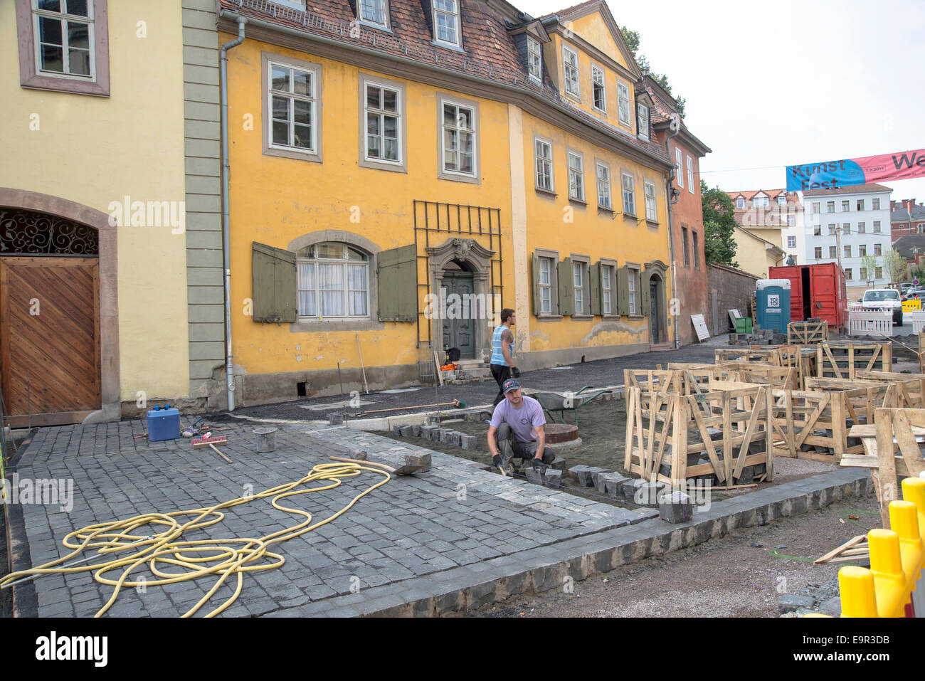 Reconstruction of the old street in Weimar, federal state of Thuringia ...