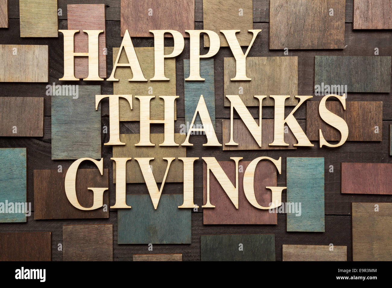 Wooden letters forming words HAPPY THANKS GIVING written on wooden ...