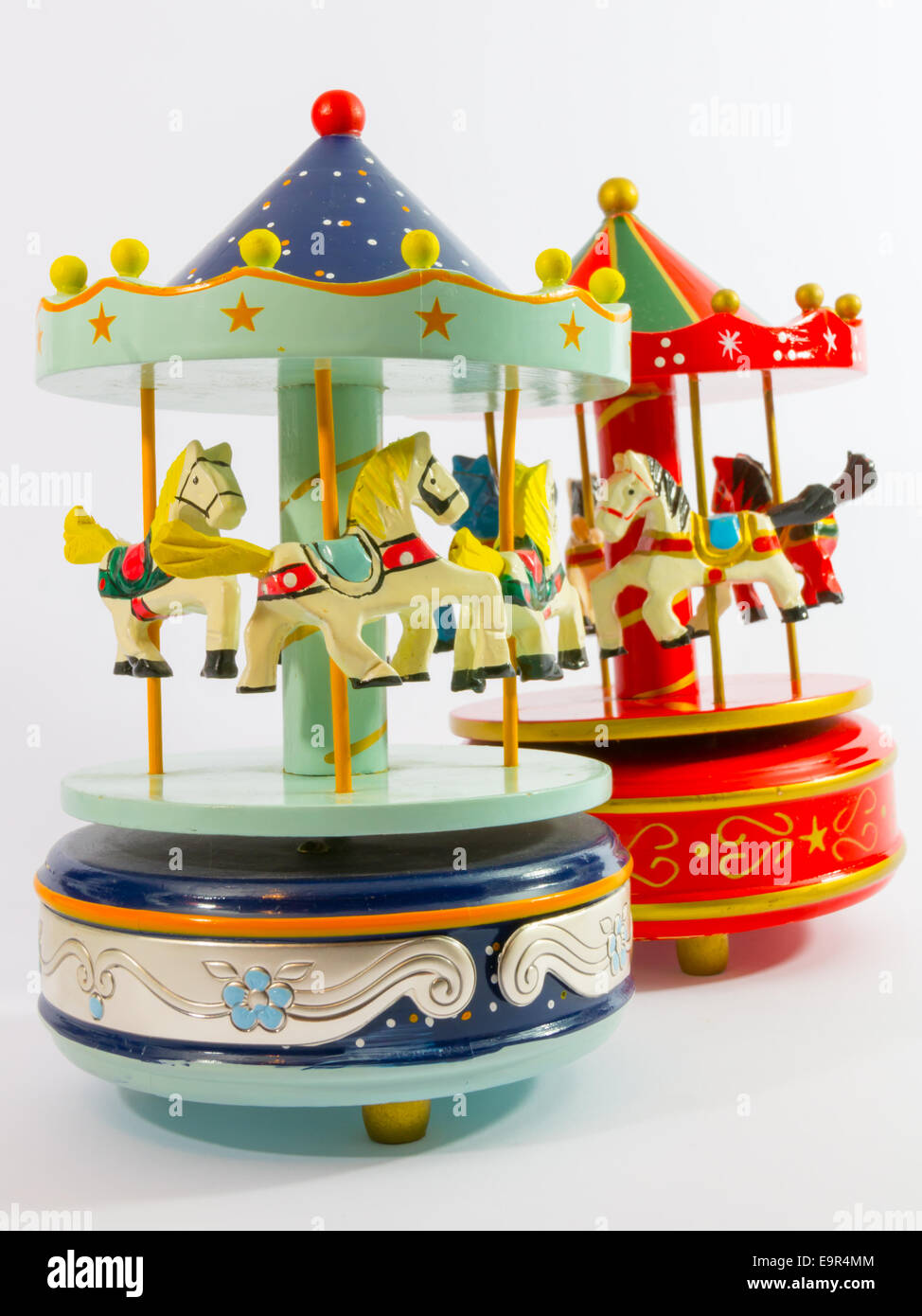 sky blue and red merry-go-round horse carillon, wooden carouse Stock ...