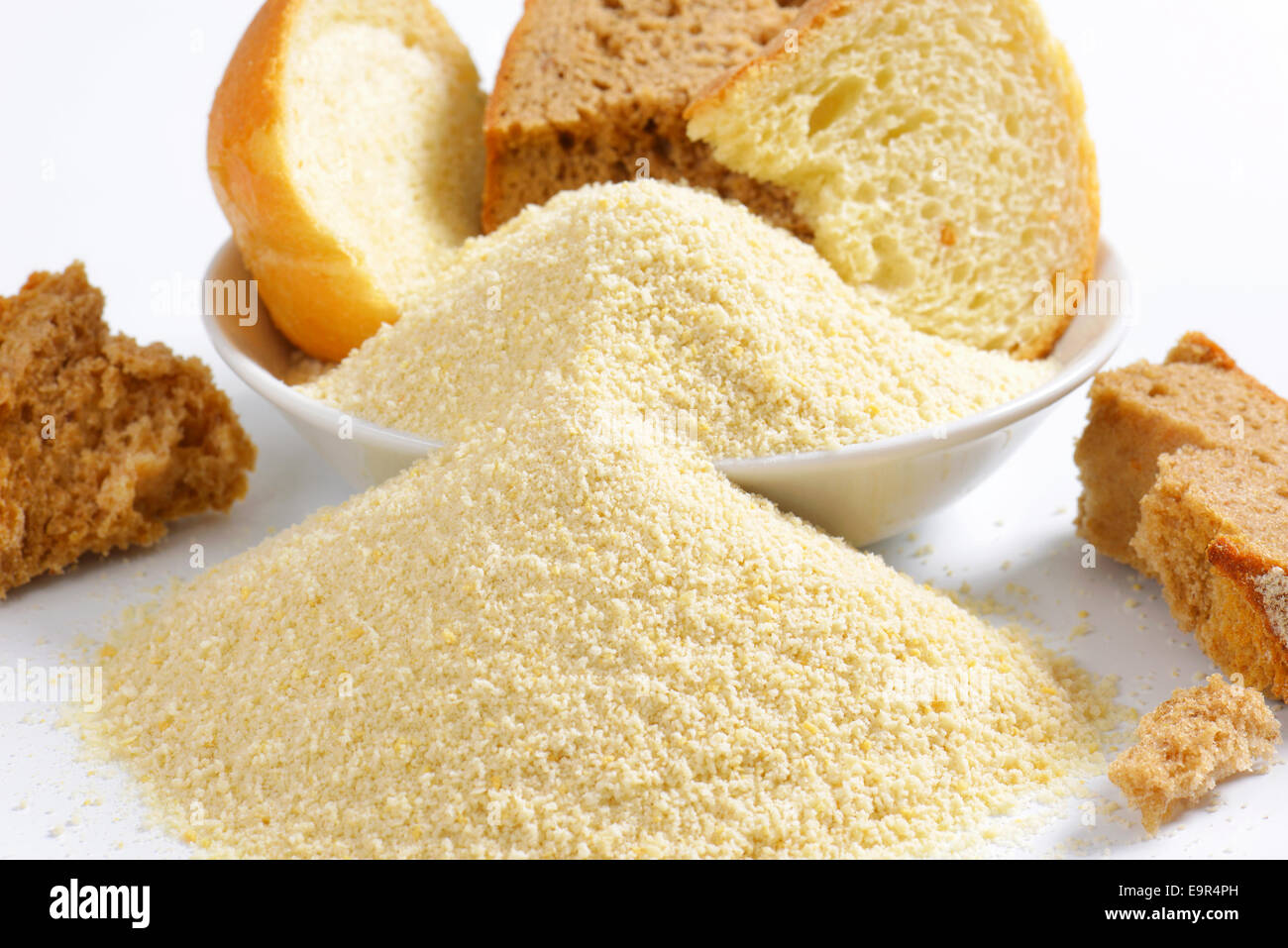 Pieces of stale bread and pile of finely ground bread crumbs Stock ...