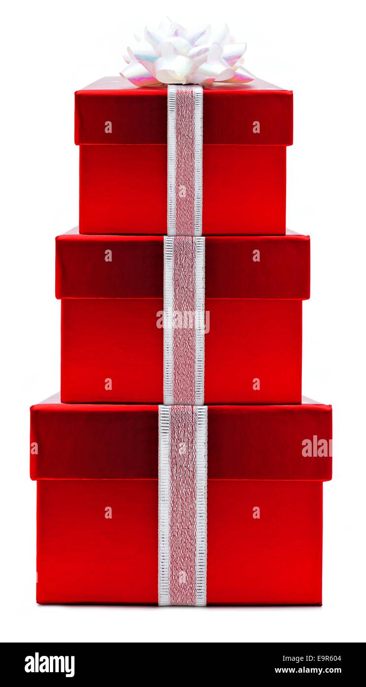 Stack of red Christmas gift boxes with white bow and ribbon Stock Photo ...