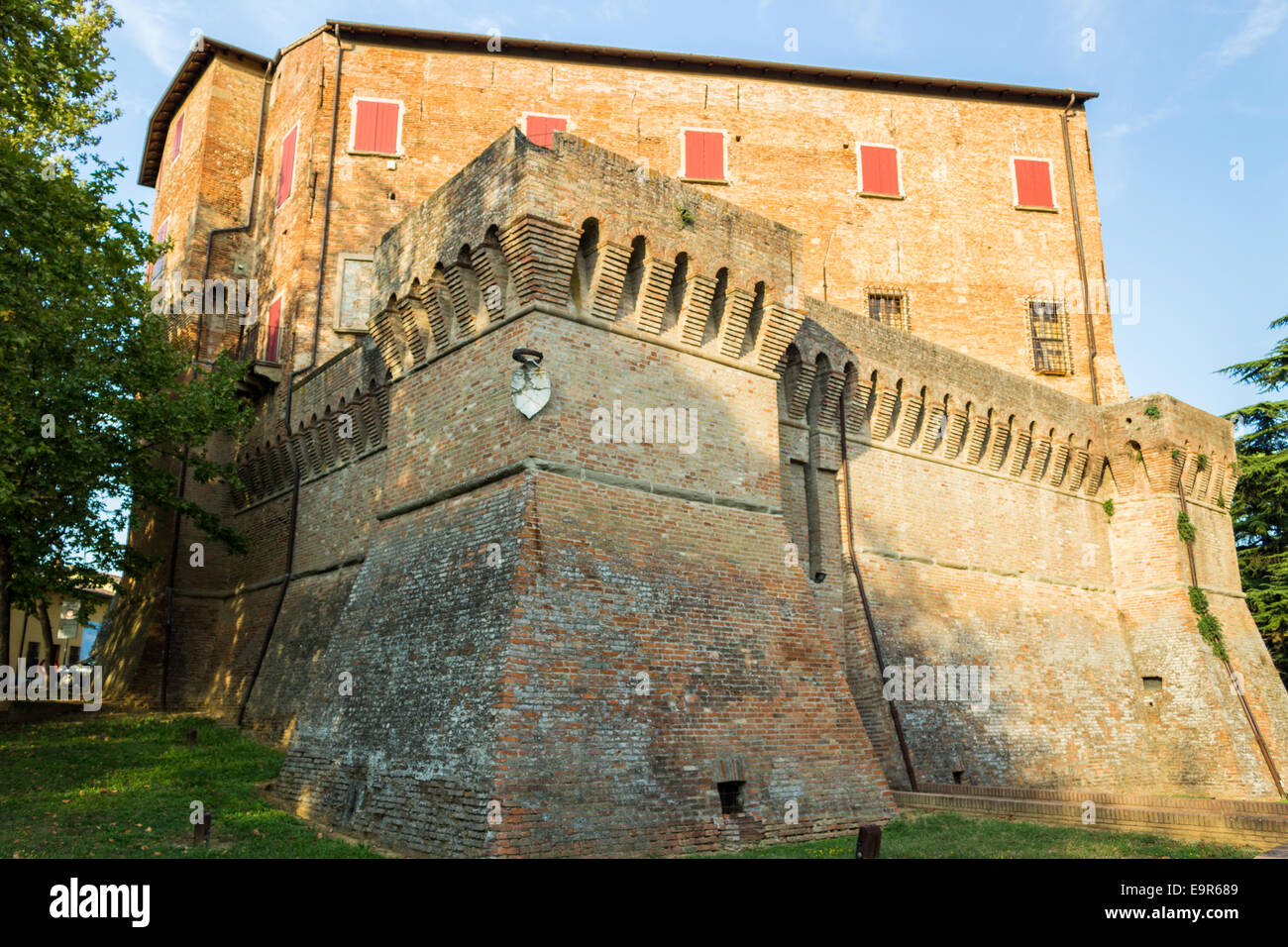 The medieval brick walls of the small village of Dozza near Bologna in ...