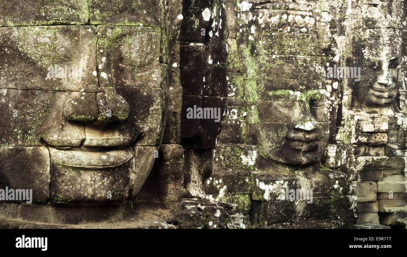 Giant stone faces at ancient Bayon Temple at Angkor, Siem Reap ...