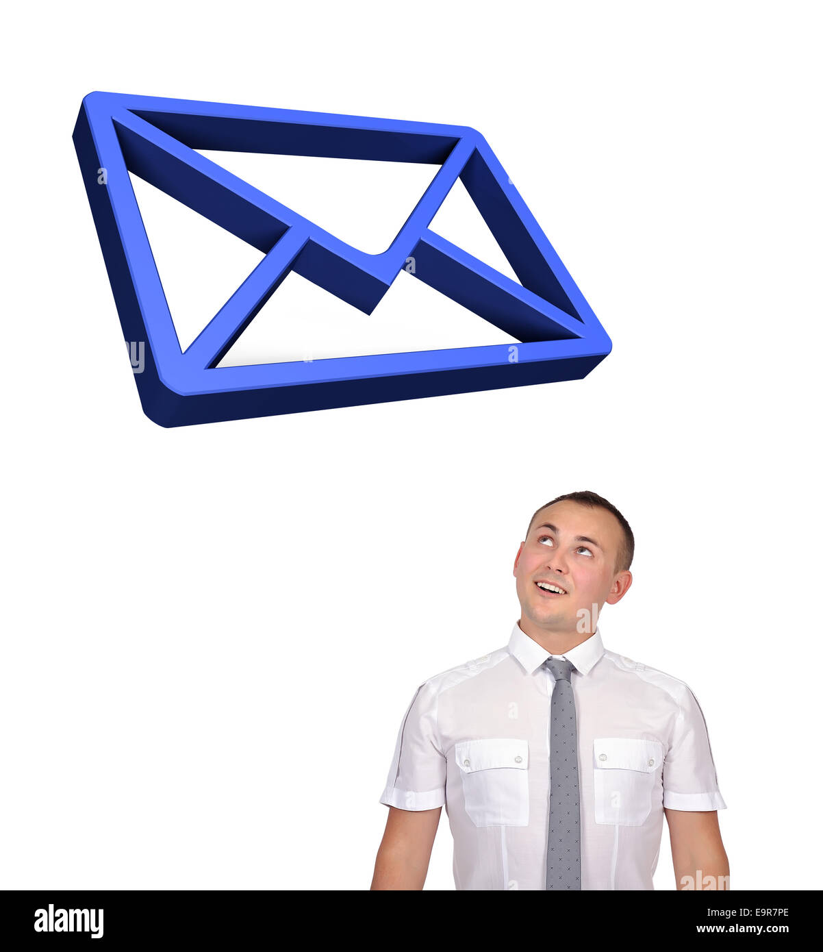 businessman looking at big email symbol over head Stock Photo - Alamy