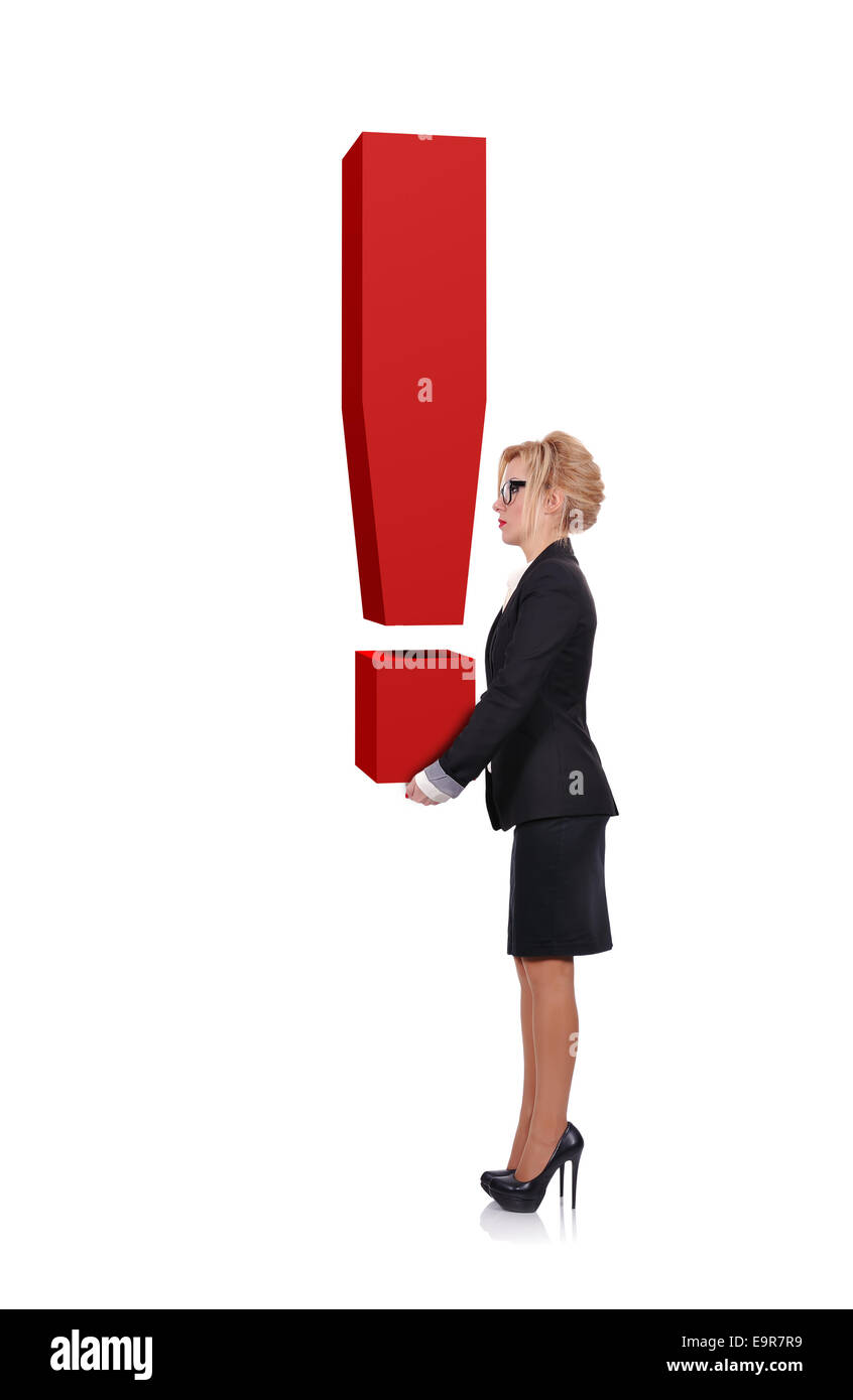 businesswoman holding a big red exclamation mark Stock Photo - Alamy