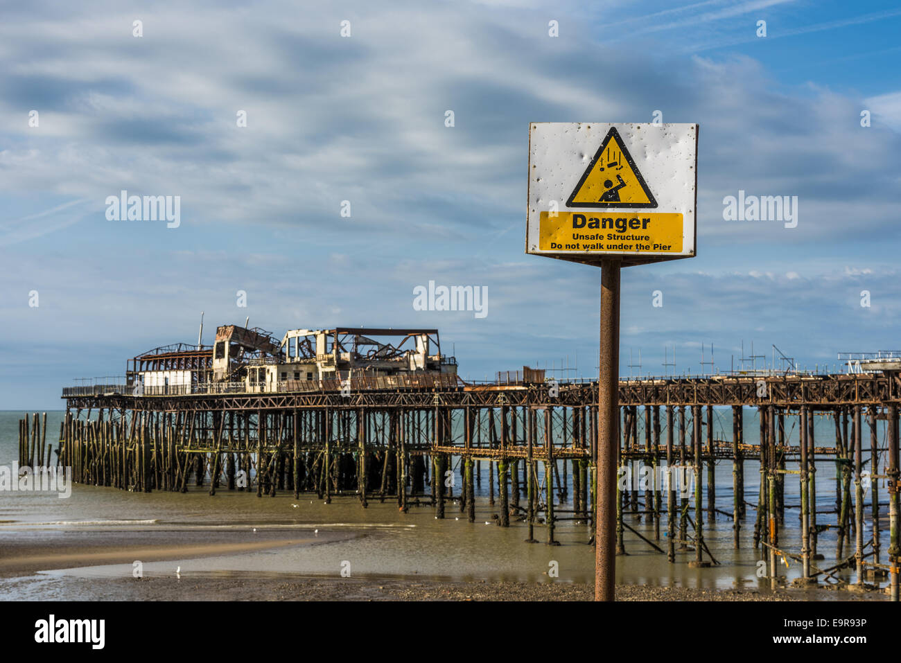 Danger, unsafe structure reads the sign following a fire at the Pier in ...