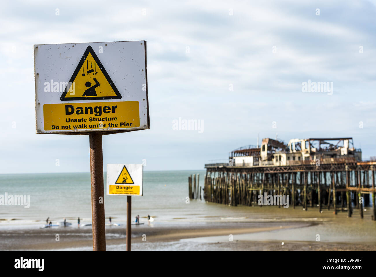 Danger, unsafe structure reads the sign following a fire at the Pier in ...