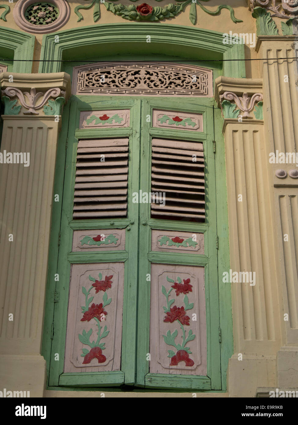 Windows of shop-houses and architecture in Little India, Singapore ...