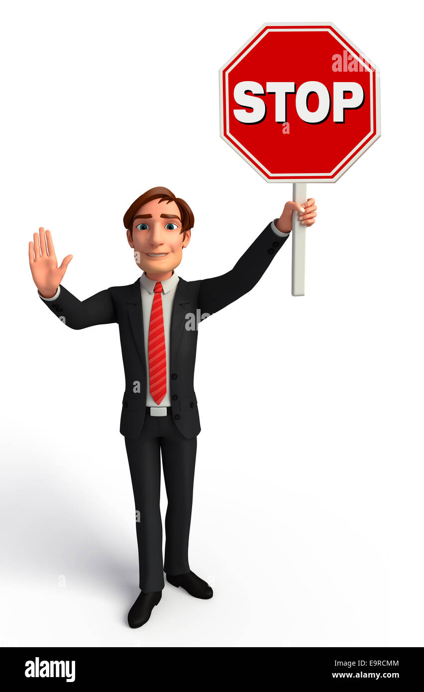 Illustration of Young Business Man with Stop sign Stock Photo - Alamy