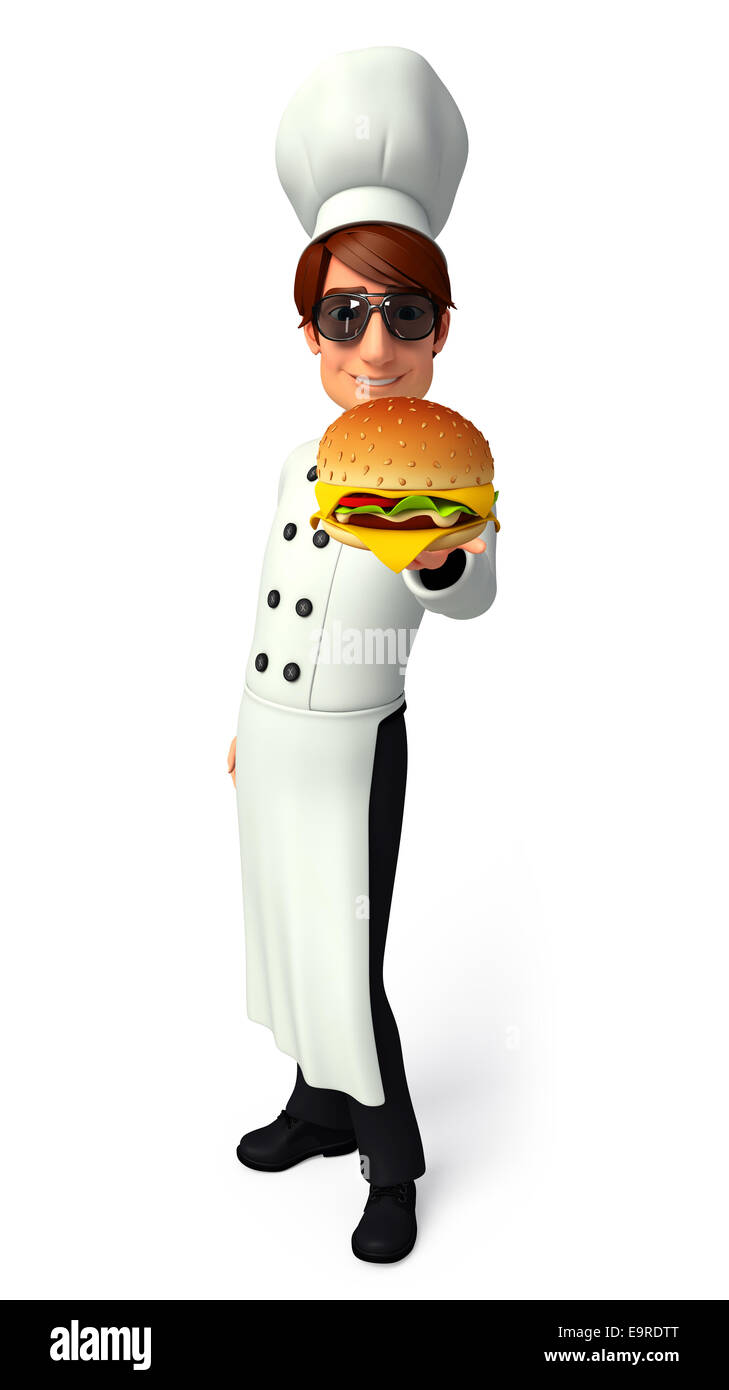 Illustration of young chef with burger Stock Photo - Alamy