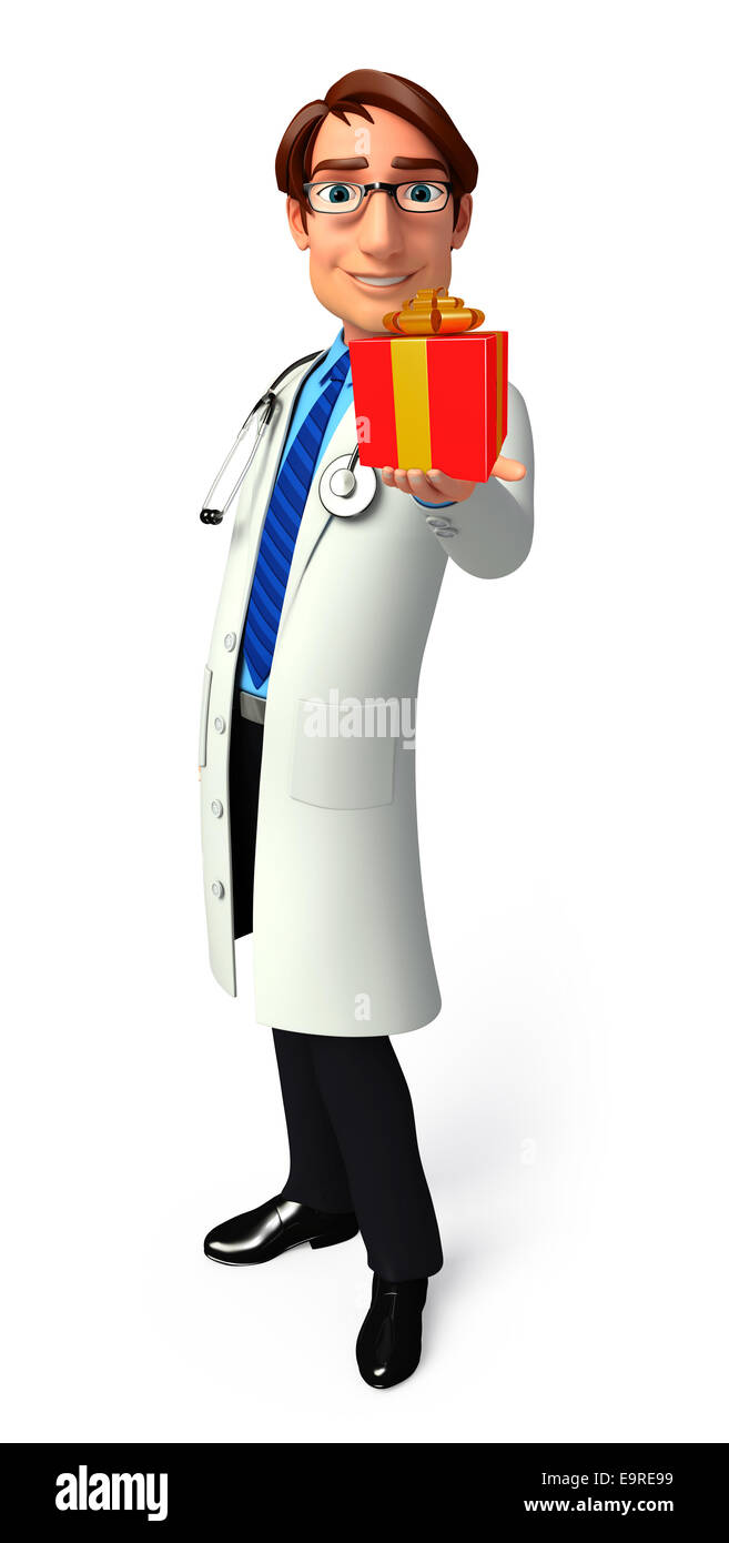 Illustration of young doctor with gift box Stock Photo - Alamy