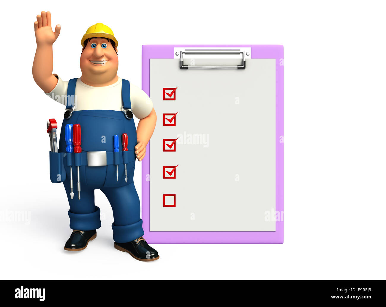 Illustration of young plumber with notepad Stock Photo - Alamy