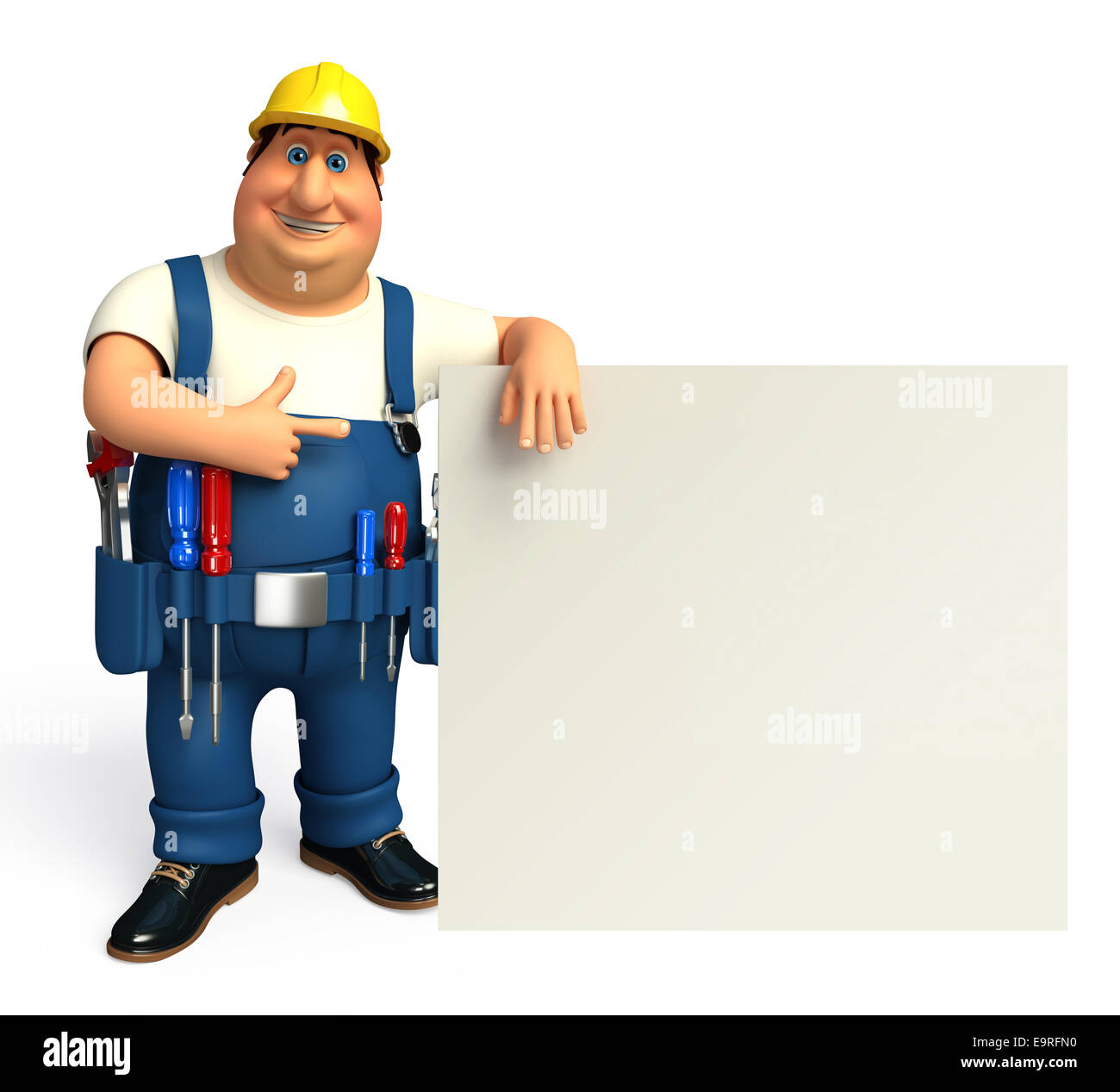 Illustration of young plumber with sign Stock Photo - Alamy