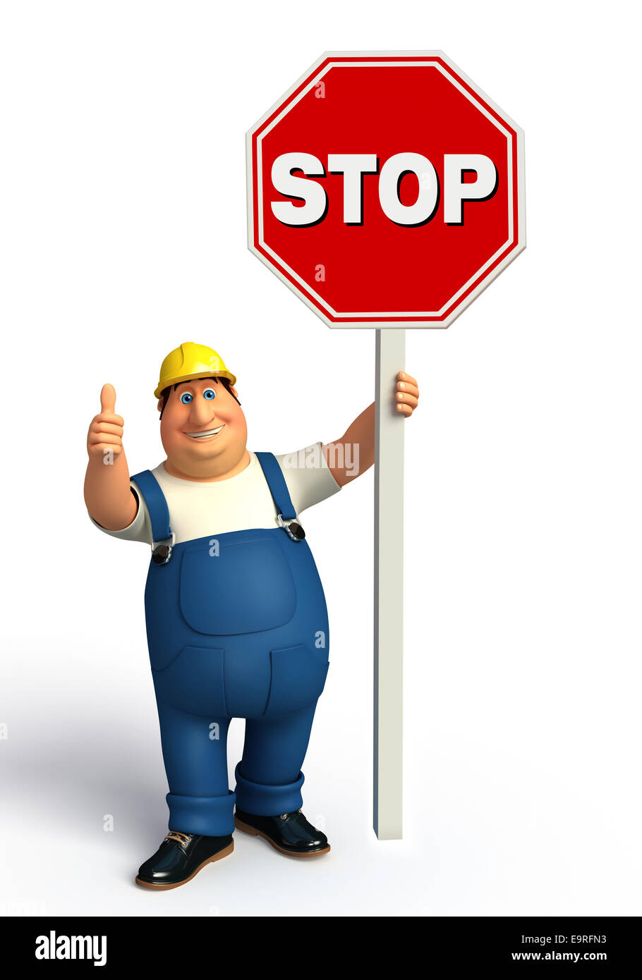 Illustration of young plumber with stop sign Stock Photo - Alamy