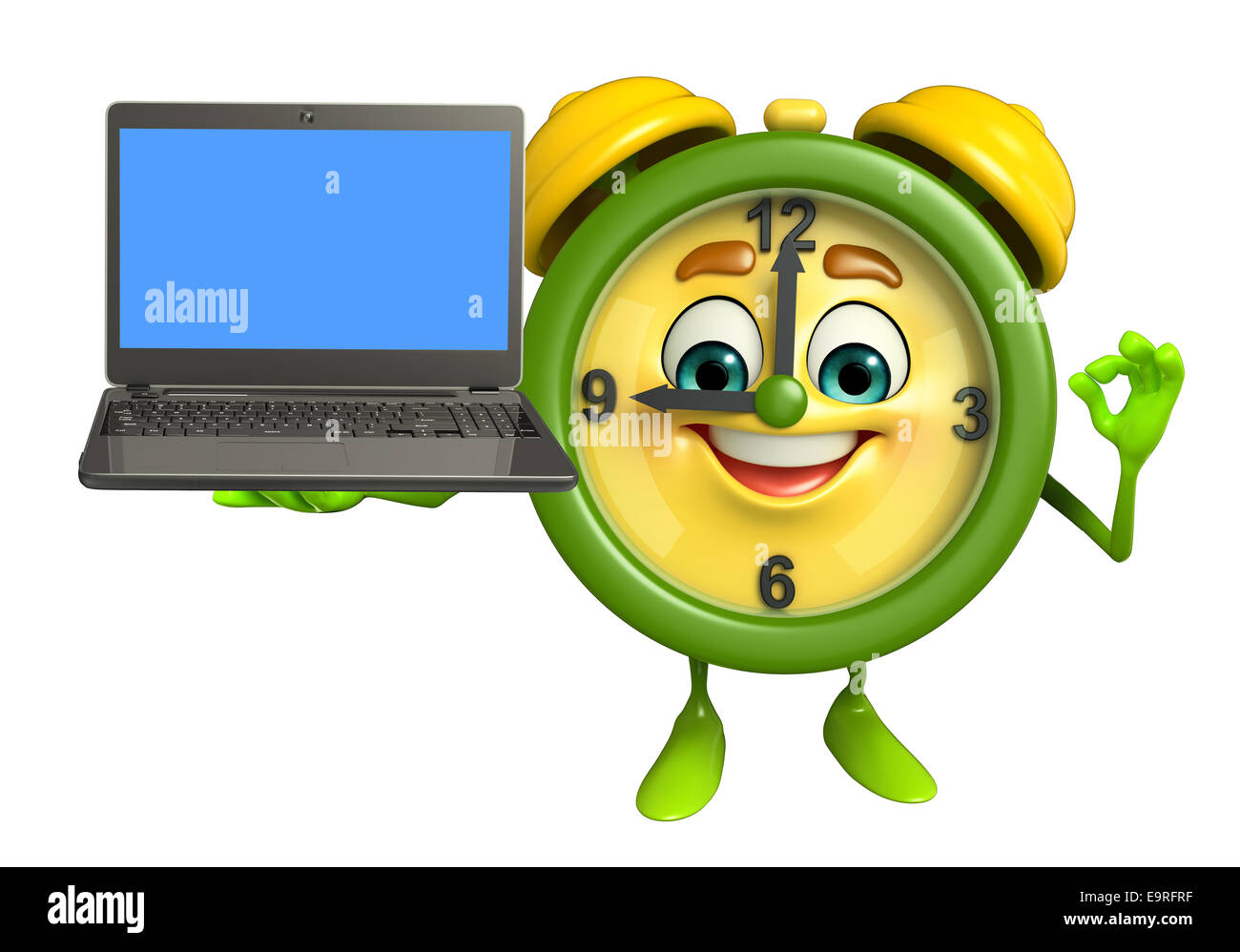 Cartoon Character of table clock with Laptop Stock Photo - Alamy