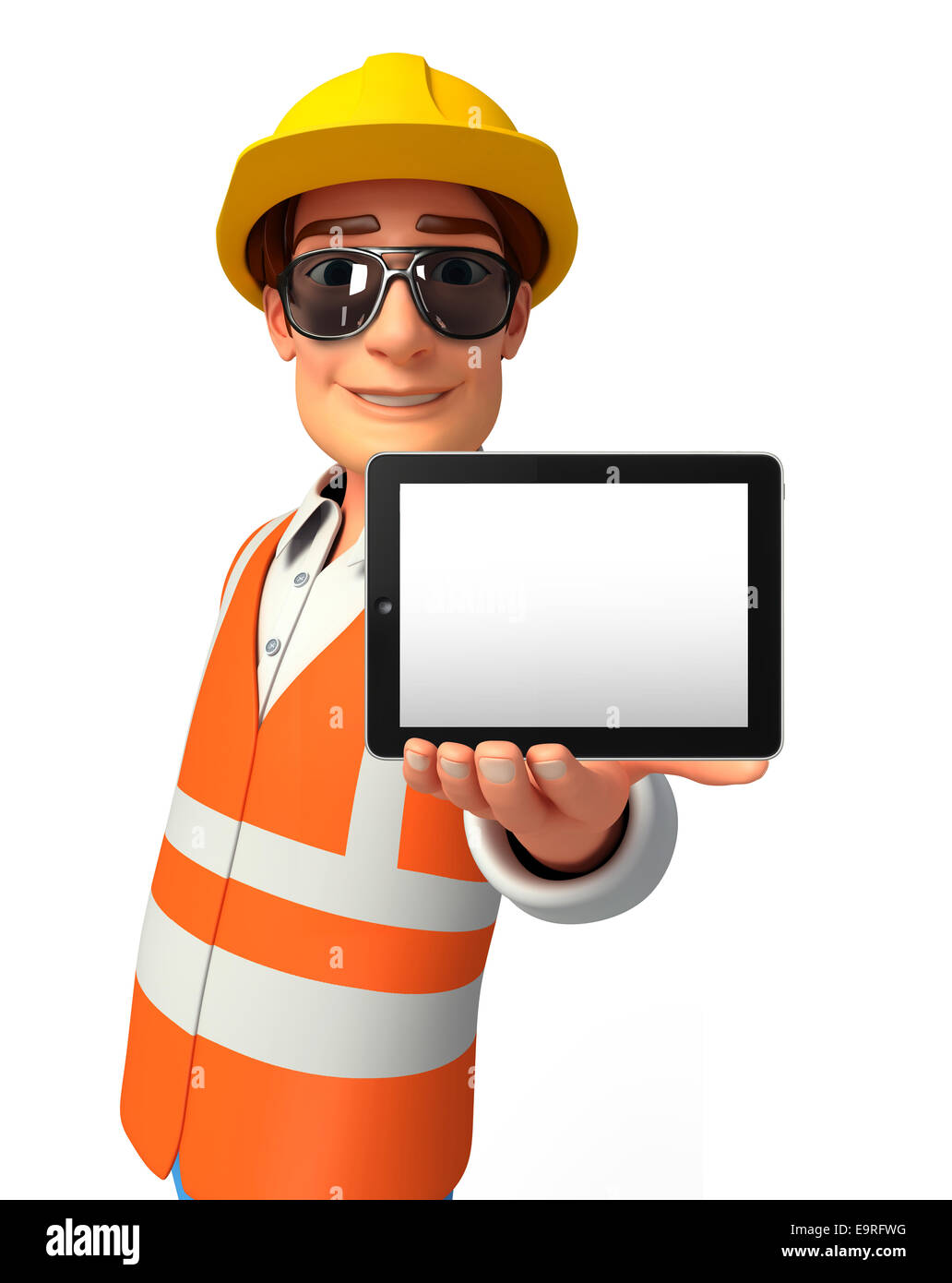 Illustration of young worker with tab Stock Photo - Alamy