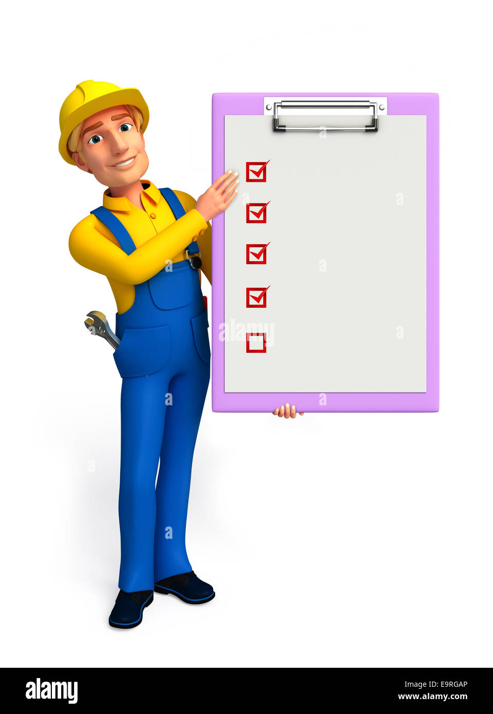 Illustration of young mechanic with notepad Stock Photo - Alamy