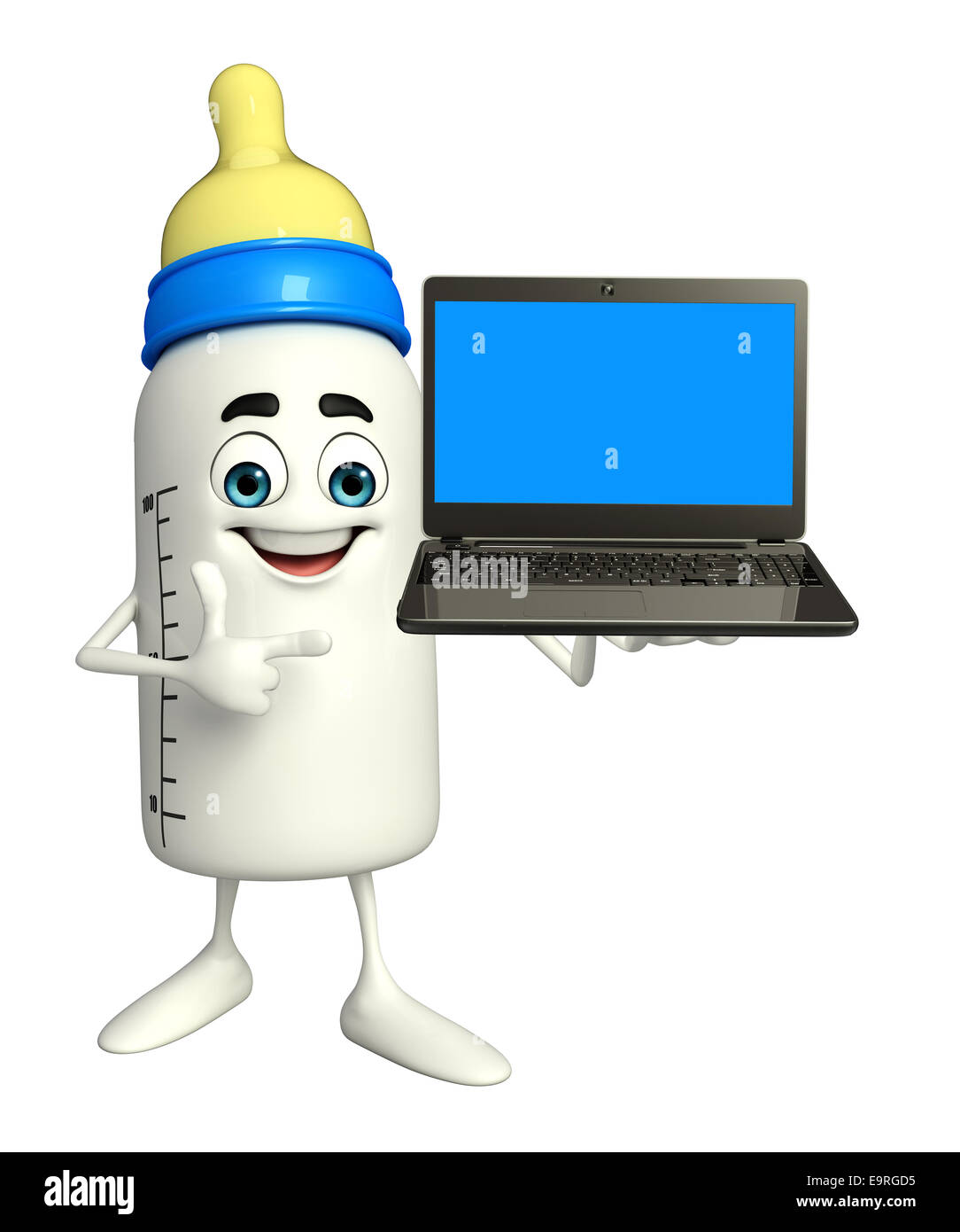Cartoon Character of baby bottle with Laptop Stock Photo - Alamy