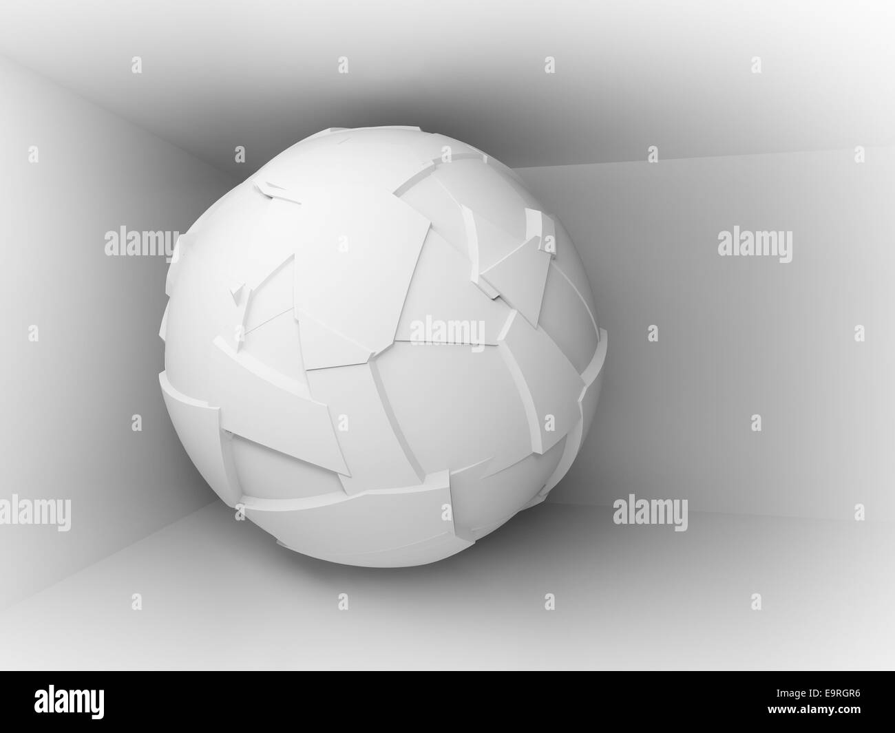 Abstract 3d background with white big flying sphere in empty room ...