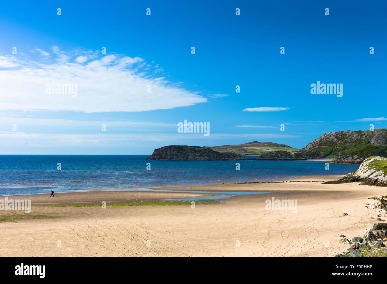 Lone figure, a fisherman, strolls along Little Gruinard remote sandy ...