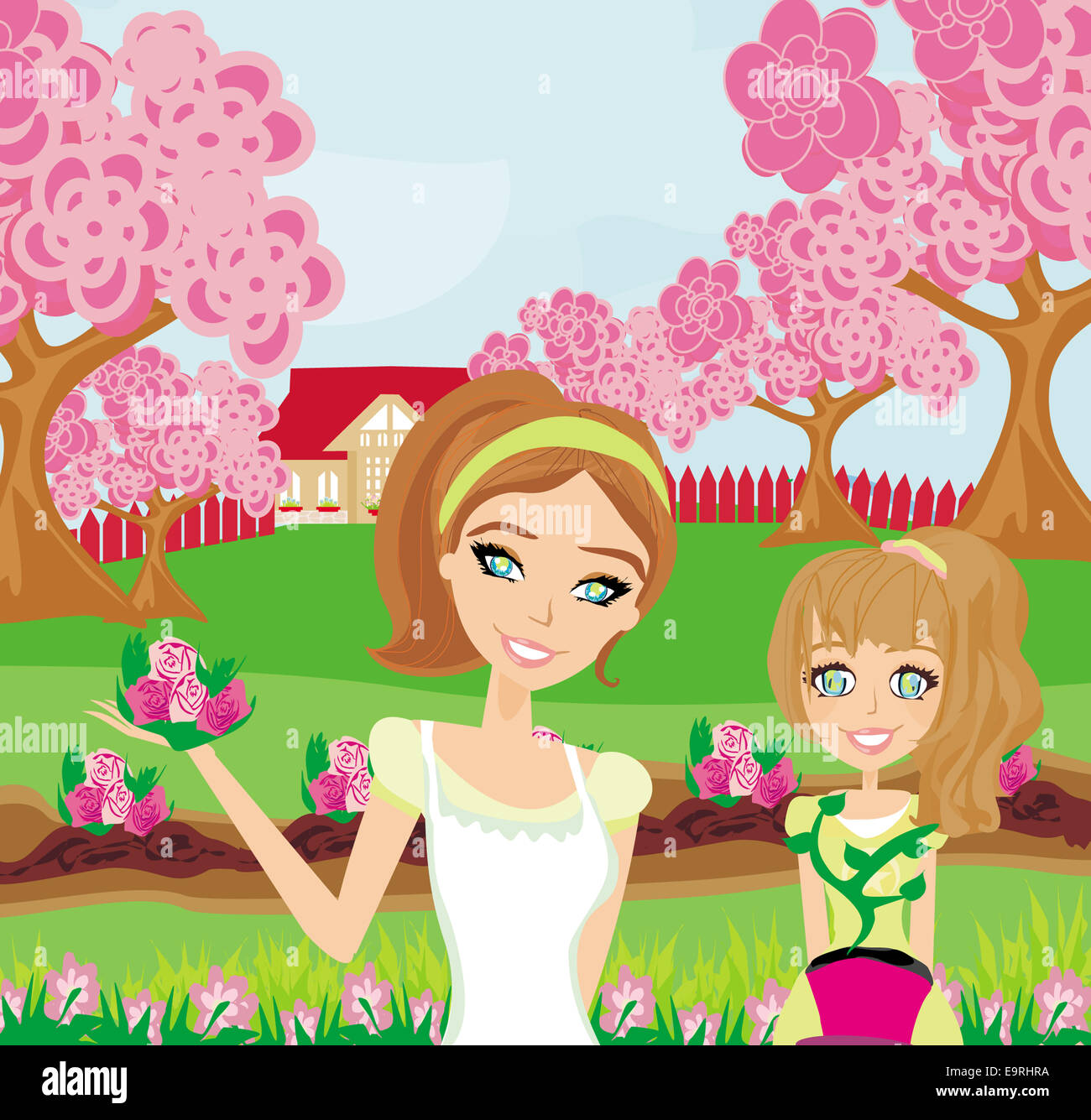 Mom and daughter plant flowers in the garden Stock Photo - Alamy