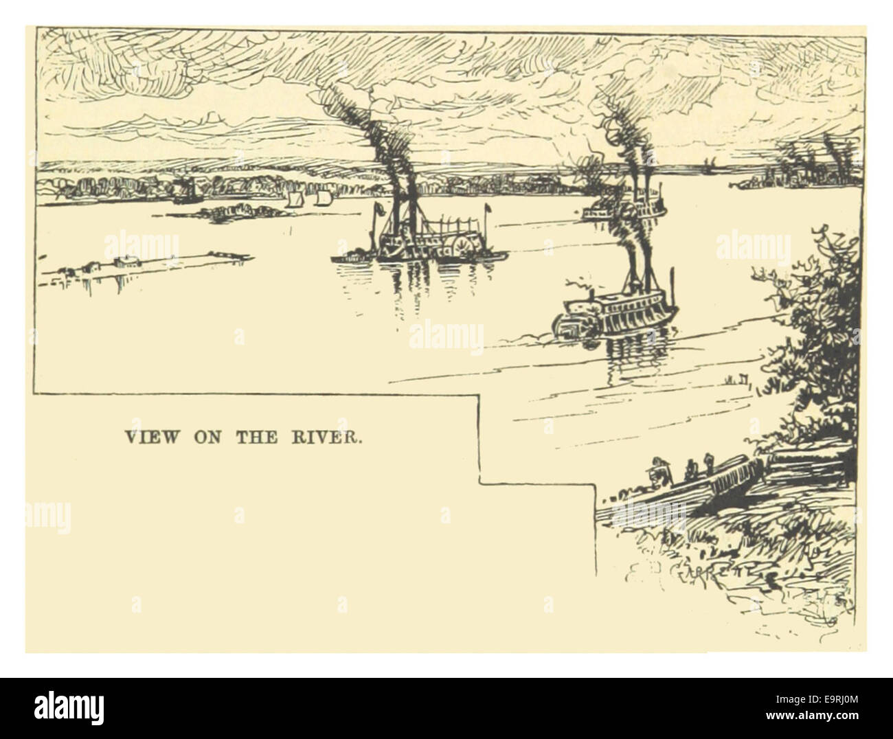 This 1883 illustration by Mark Twain depicts a view along the river ...