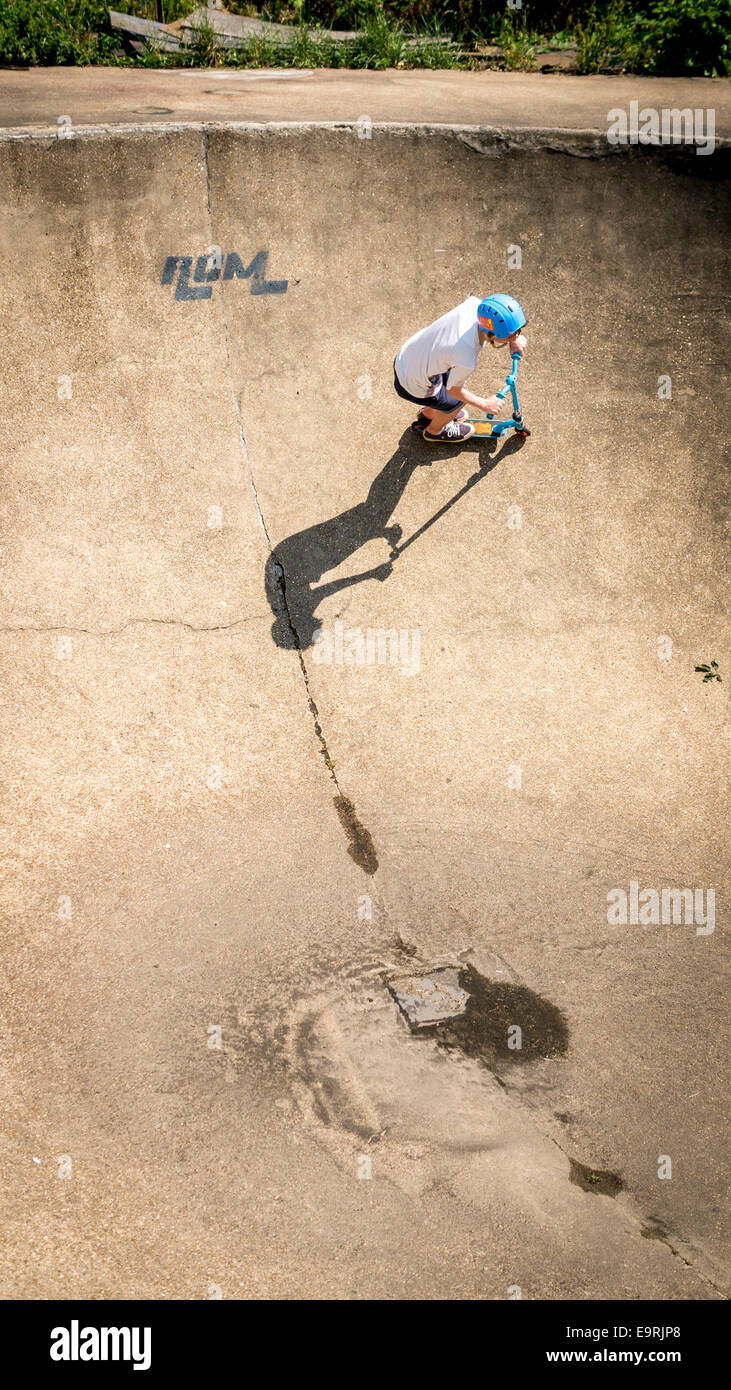 Teenager on a Scooter, The Rom Skate Park, Hornchurch, Essex, Britain ...