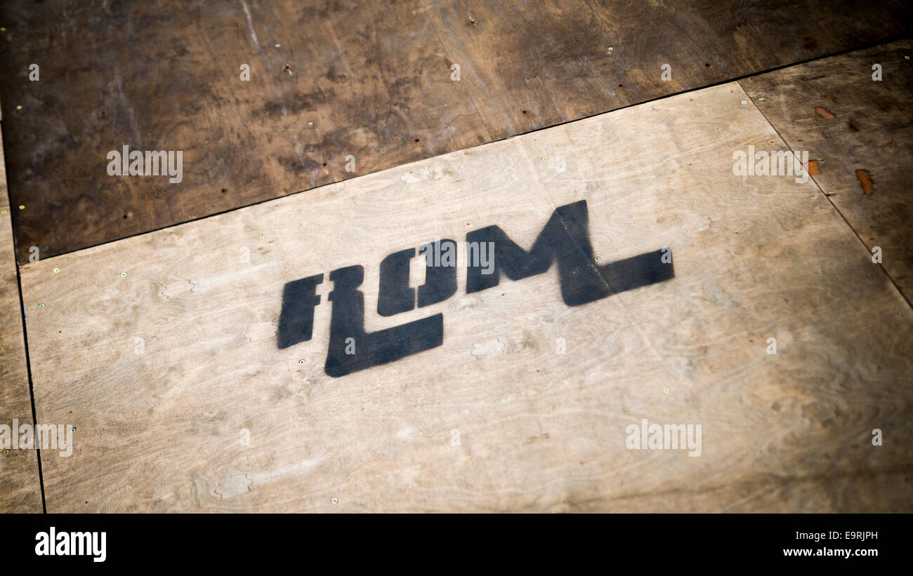Rom Logo on a Wooden Ramp, The Rom Skate Park, Hornchurch, Essex ...