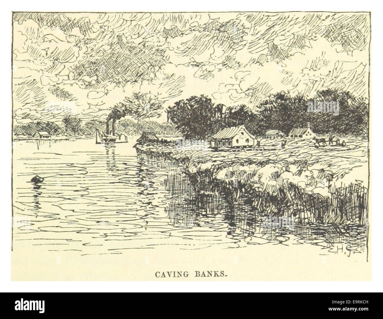 An 1883 illustration by Mark Twain, titled 'Caving Banks'. The image ...