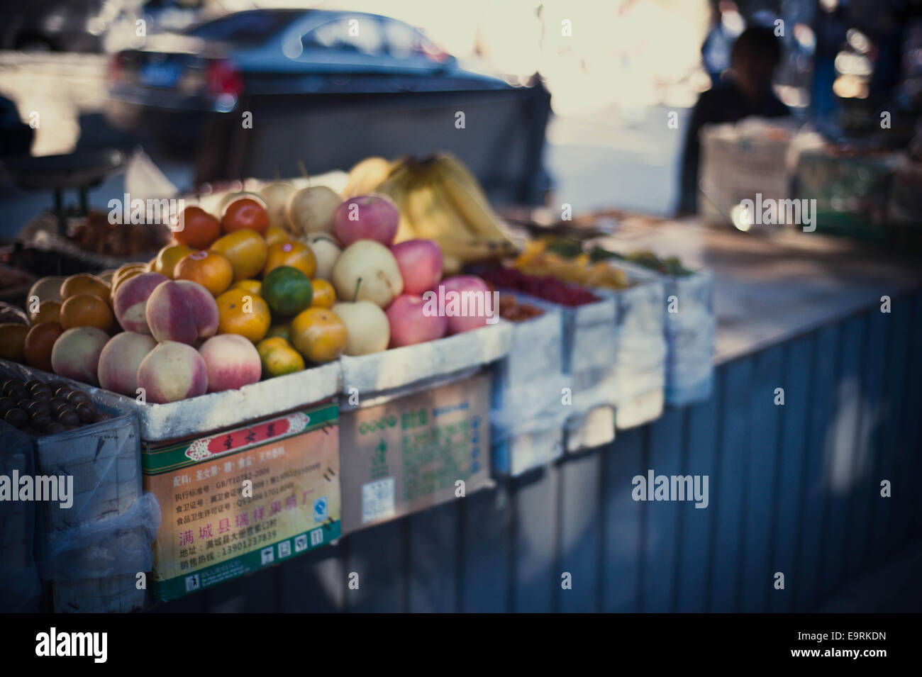 Fruits on sale at the feet of the Great Wall of Mutianyu near Beijing ...