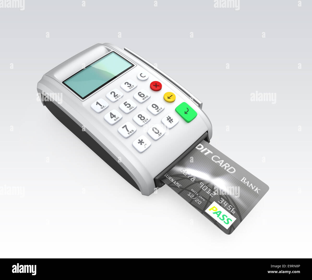 Credit card and silver card-reader isolated on gray background Stock ...