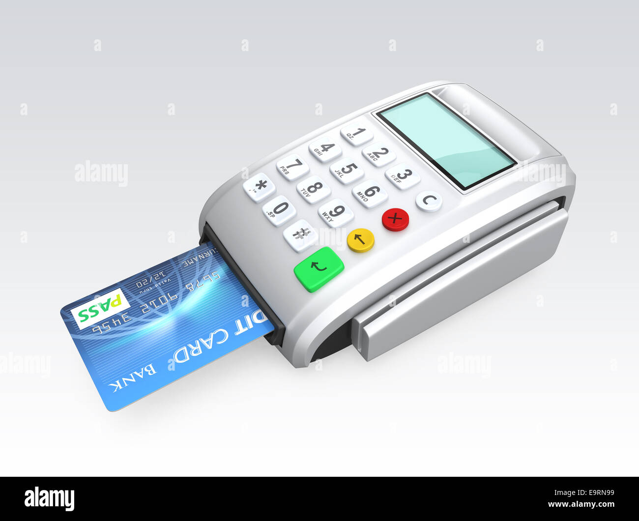 Credit card and silver card-reader isolated on gray background Stock ...