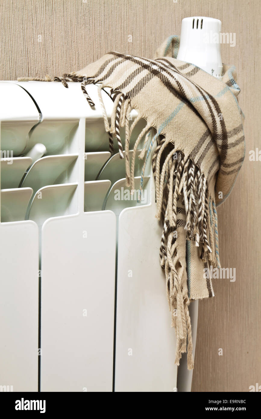 Scarf wrapped around thermostatic valve mounted aluminum radiator Stock ...