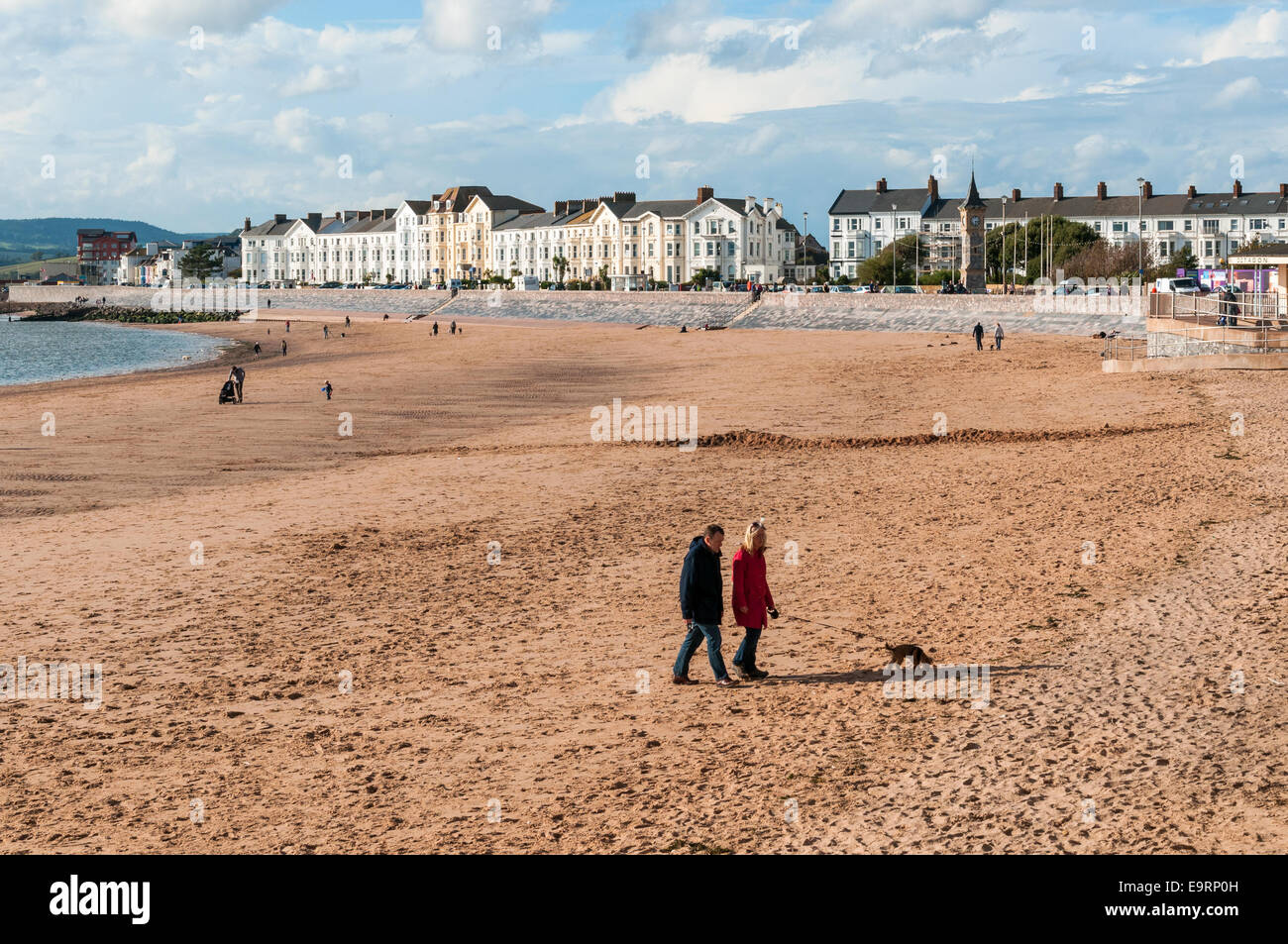 Exmouth sea front and beach with people out walking their dogs Stock ...
